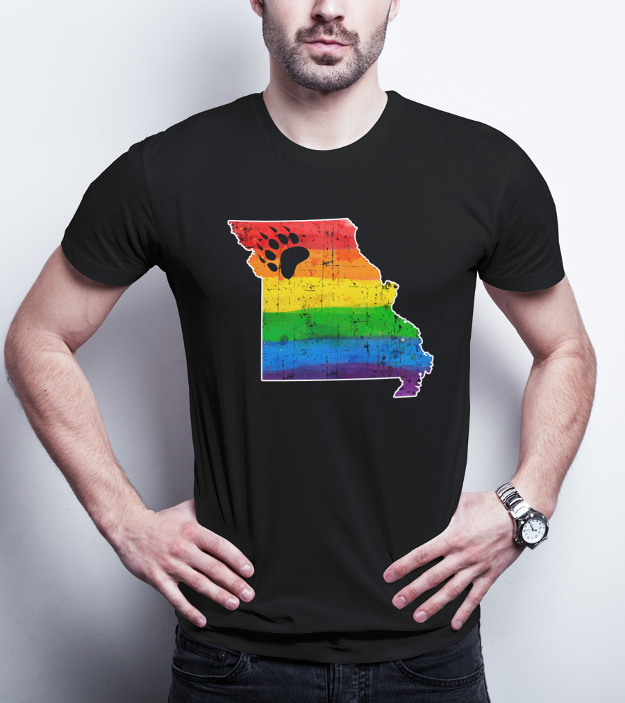 Missouri State Shape With Rainbow Bear Paw Pride Flag T-Shirt