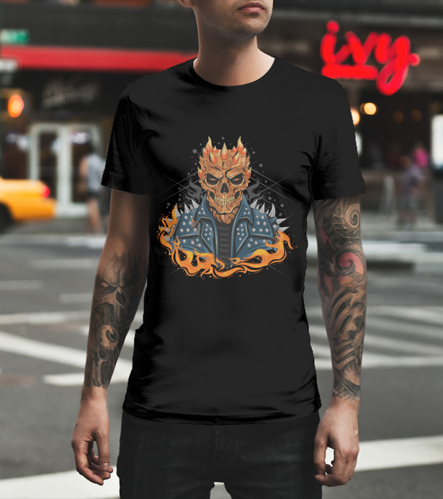 Skull Punk Head Fiery Jacket Flames Spikes T-Shirt