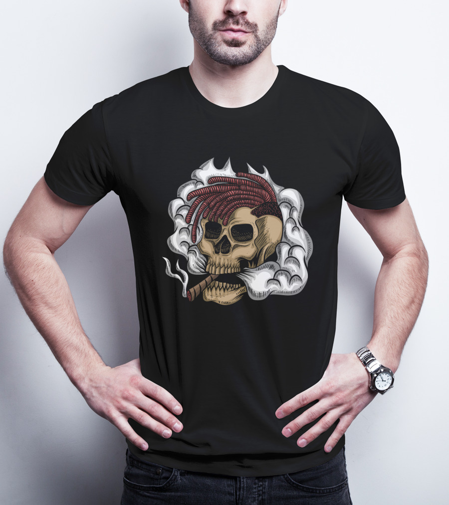 Skull Smoke Cigar With Red Braided Hair And White Smoke Plumes T-Shirt