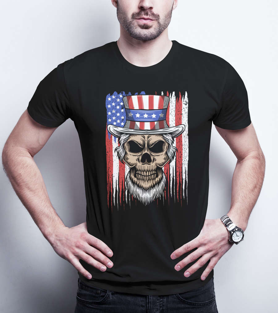 Skull Uncle Sam American Flag Hat T-Shirt
