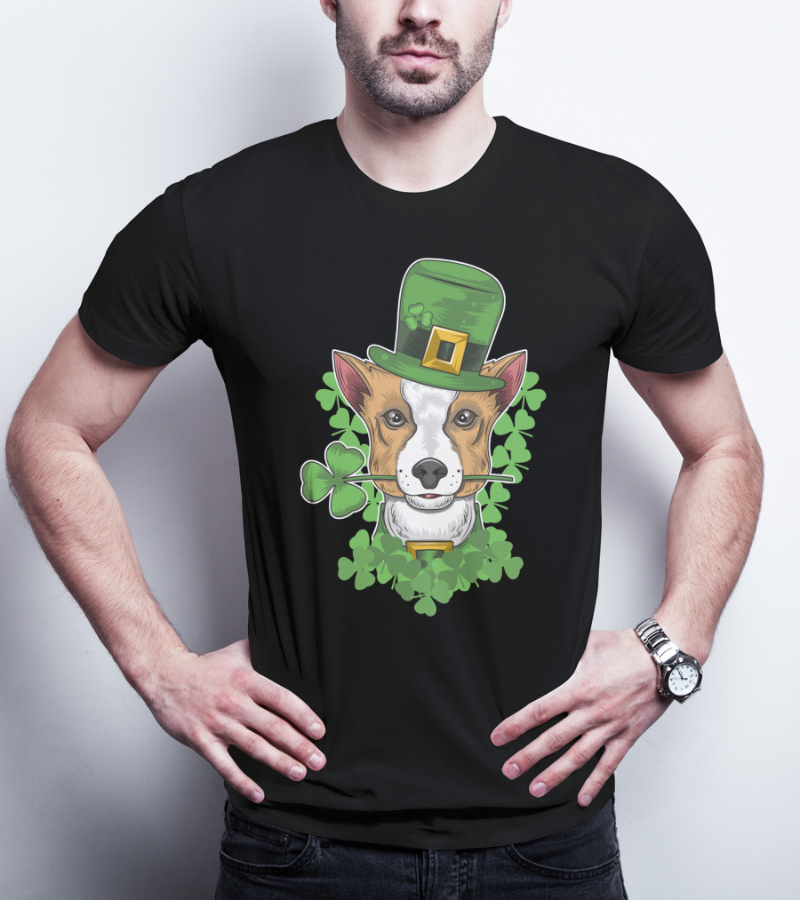 St Patrick Day Corgi With Shamrock And Leprechaun Hat T-Shirt