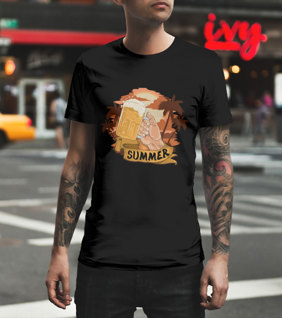 Summer Beach Beer Cheers At Sunset Palm Landscape T-Shirt