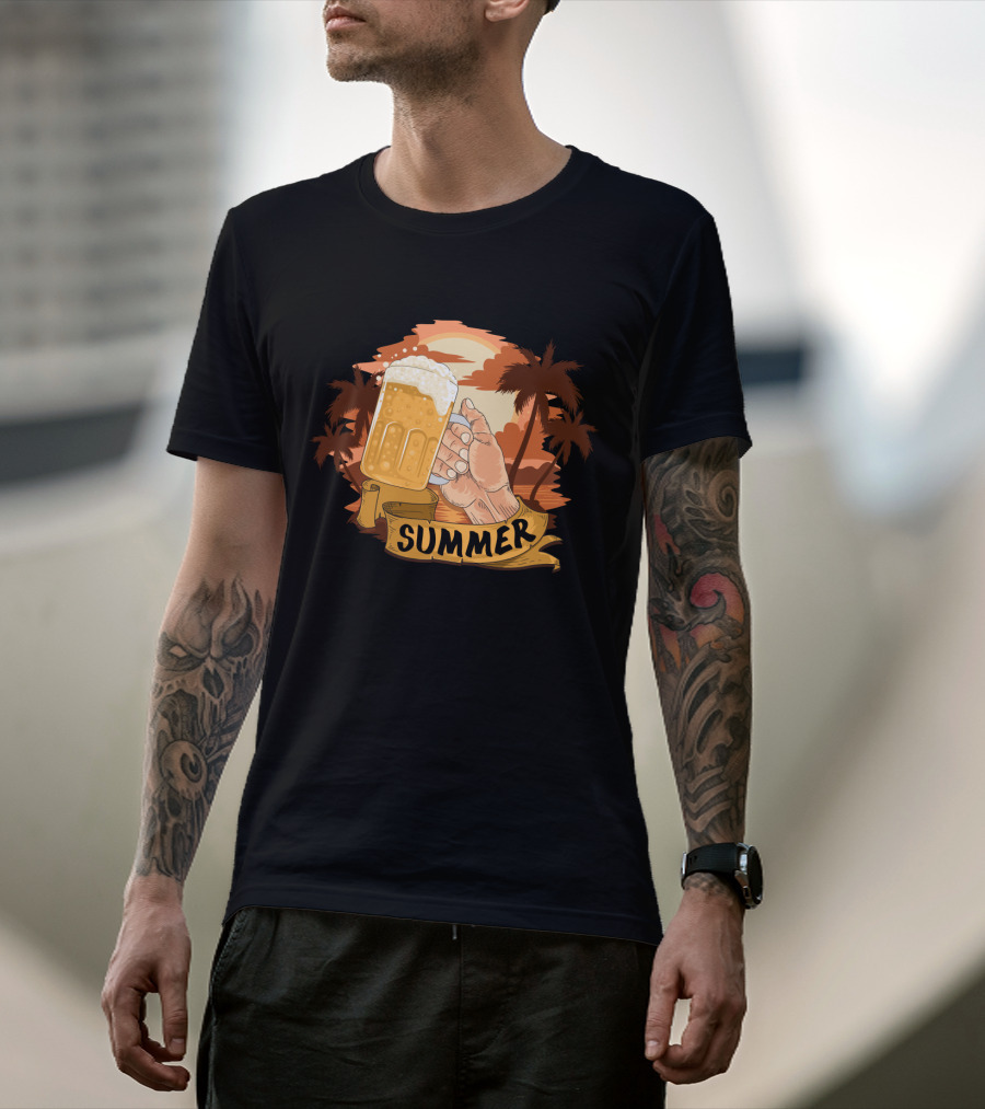 Summer Beach Beer Cheers At Sunset Palm Landscape T-Shirt