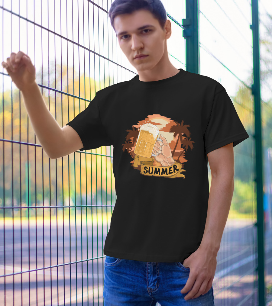 Summer Beach Beer Cheers At Sunset Palm Landscape T-Shirt
