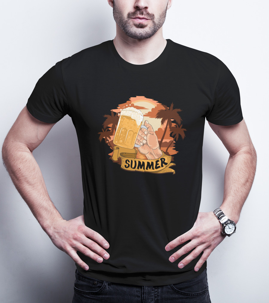 Summer Beach Beer Cheers At Sunset Palm Landscape T-Shirt
