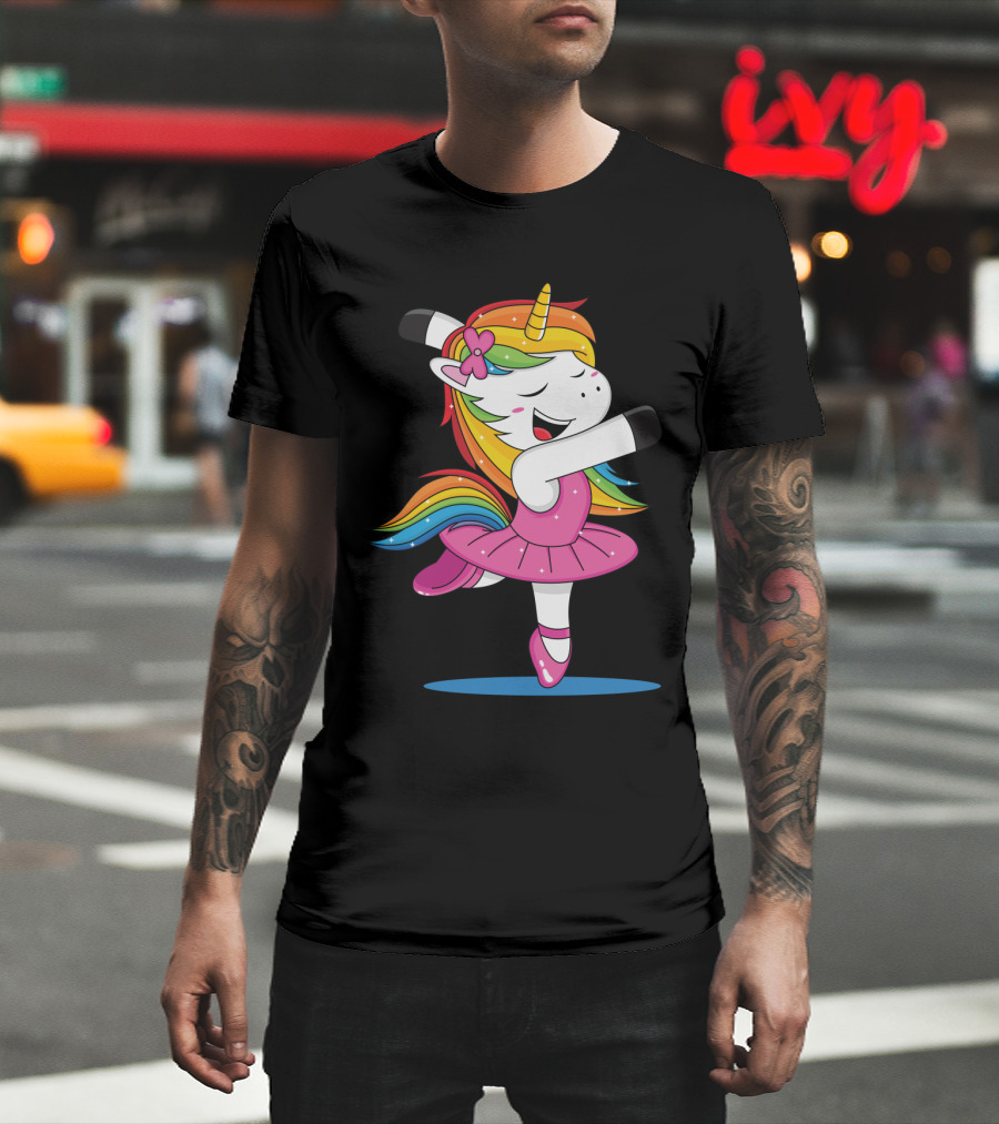 Unicorn Ballet Rainbow Dancer With Pink Tutu And Flower Bow T-Shirt