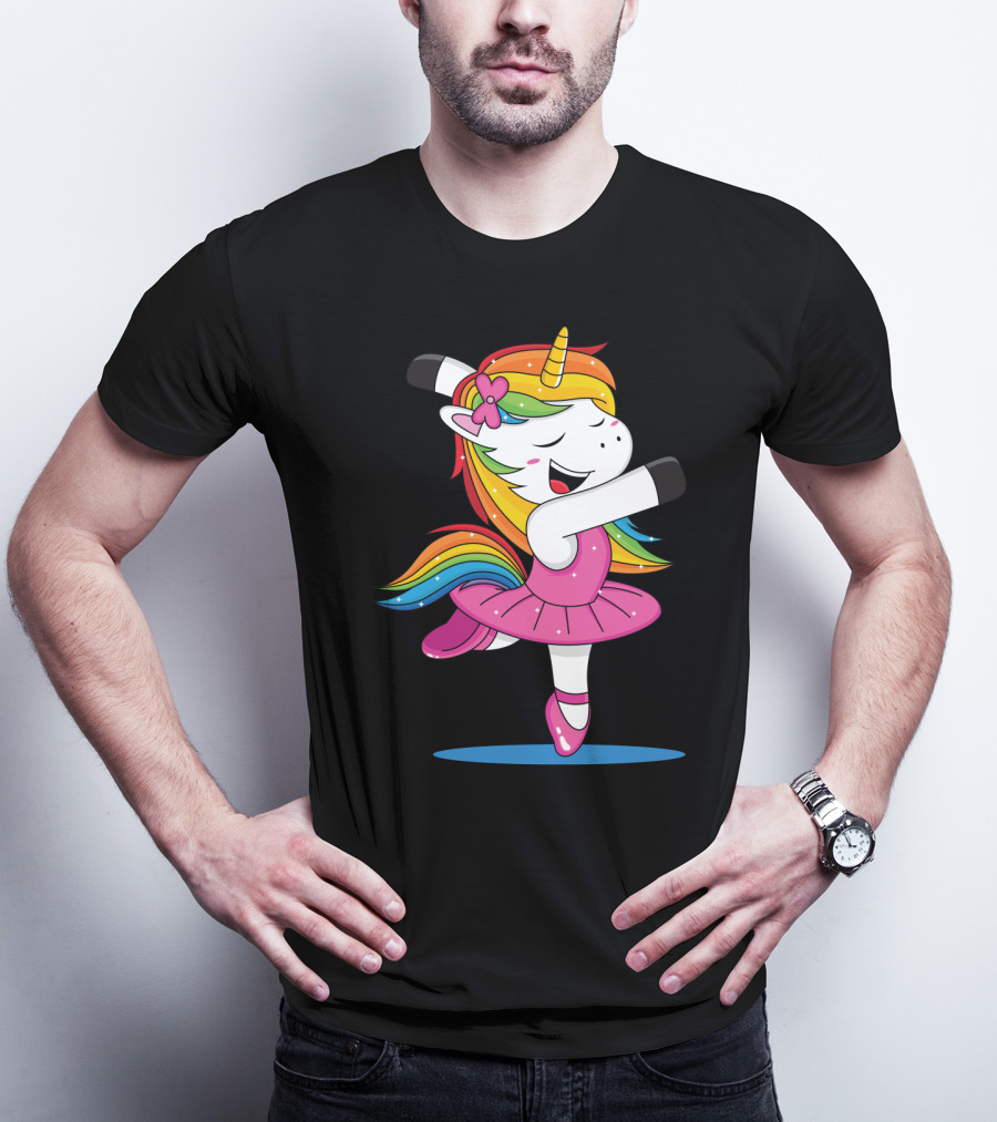 Unicorn Ballet Rainbow Dancer With Pink Tutu And Flower Bow T-Shirt