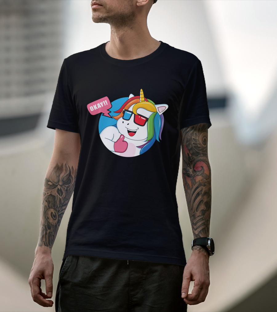 OKAY Unicorn Expression Rainbow Sunglasses Thumbs Up T-Shirt