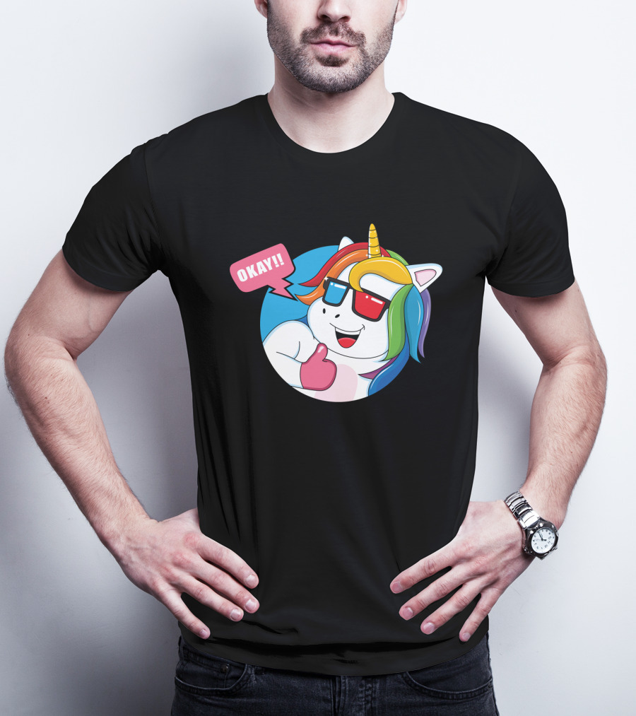 OKAY Unicorn Expression Rainbow Sunglasses Thumbs Up T-Shirt