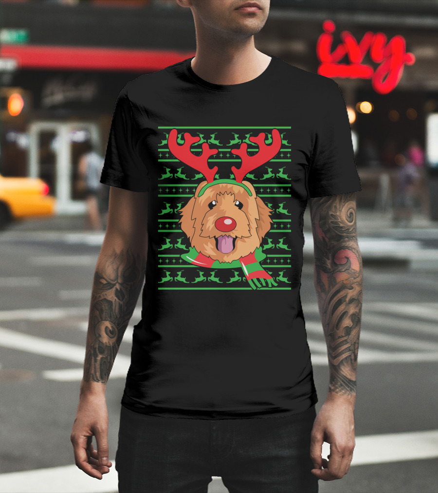 Golden Doodle Reindeer Christmas Scarf And Antlers T-Shirt