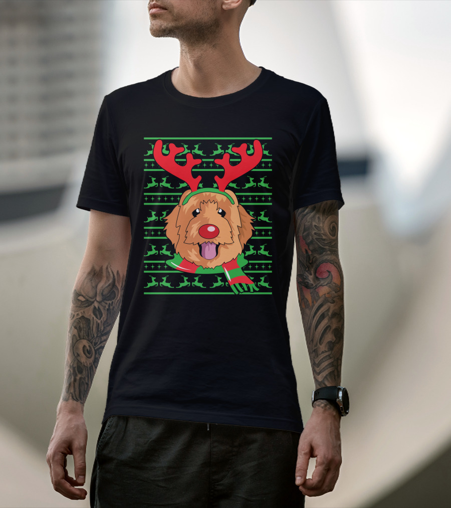 Golden Doodle Reindeer Christmas Scarf And Antlers T-Shirt