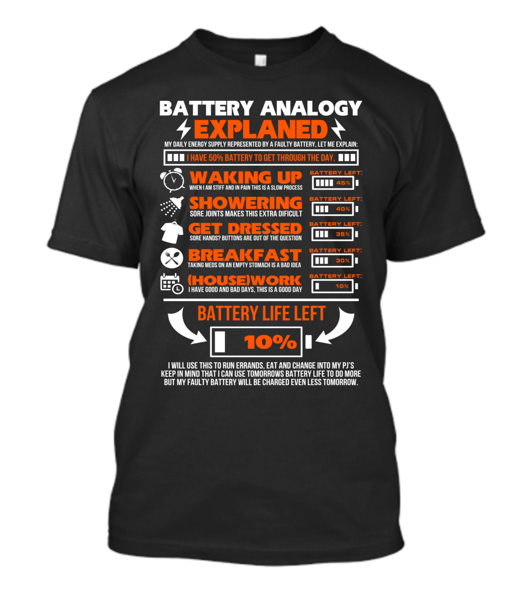 Battery Analogy Explained Waking Up Showering Get Dressed Breakfast Housework Battery Life Left 10% T-Shirt
