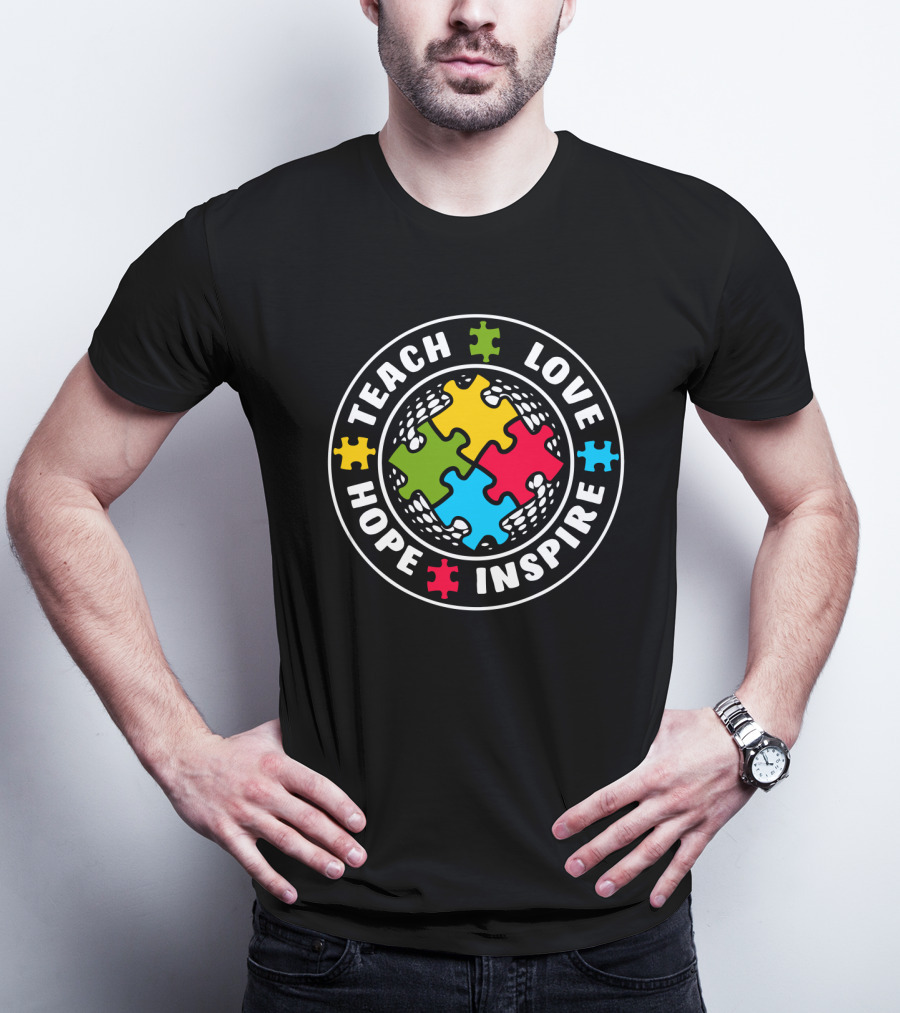 Autism Teacher Special Education Back Teach Love Hope Inspire Puzzle T-Shirt