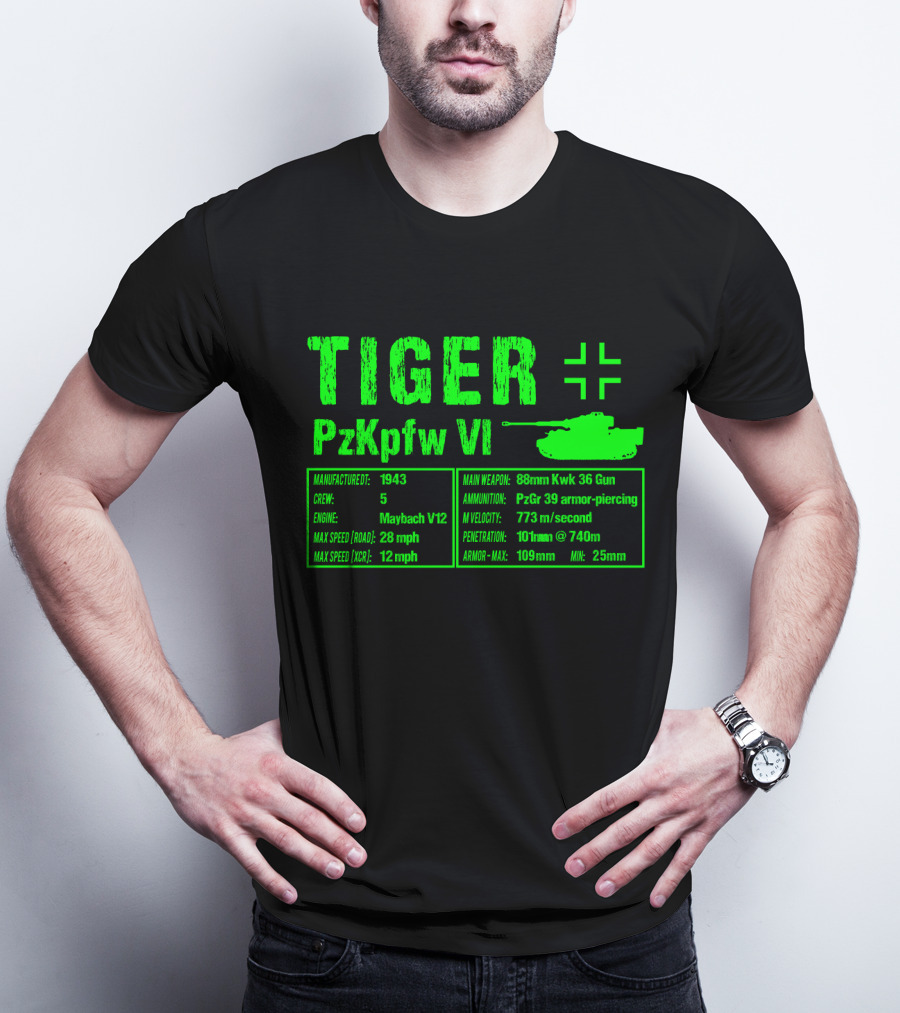 Tiger PzKpfw VI 1943 German Heavy Tank Specs With 88mm KwK 36 Gun T-Shirt