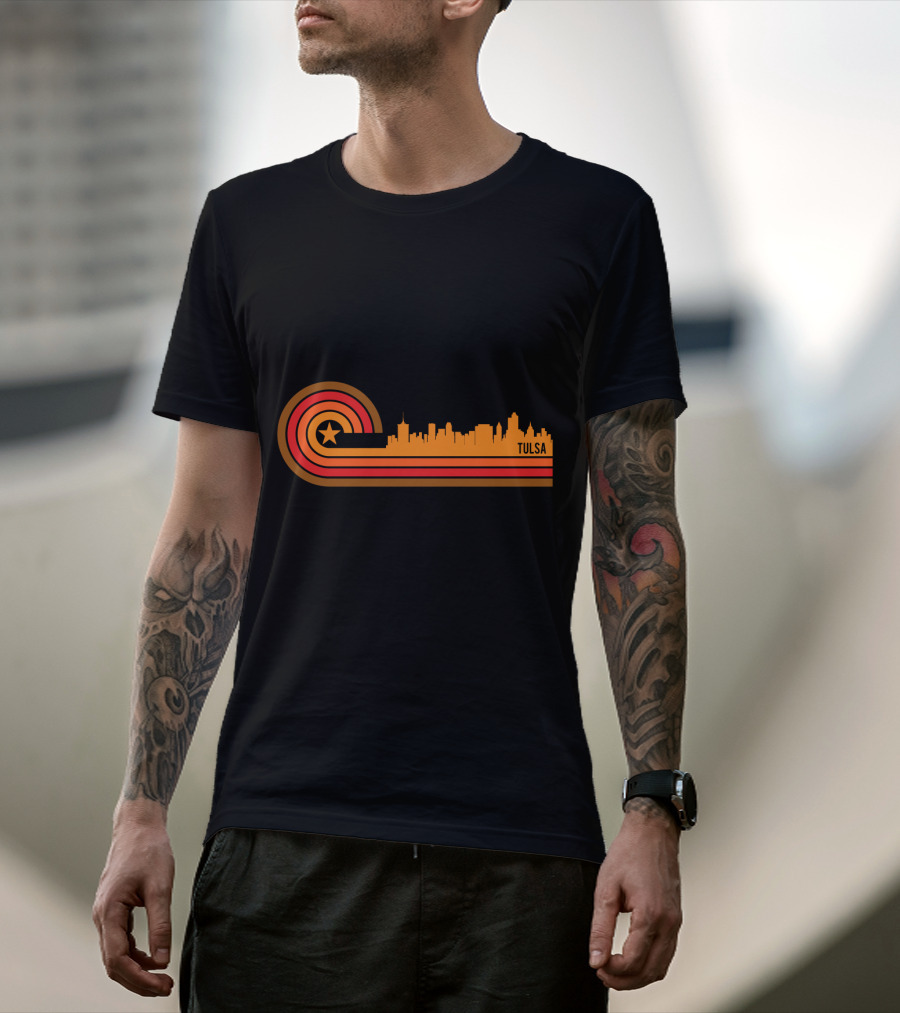 Retro Tulsa OK Skyline With Star And Sunset Stripes T-Shirt