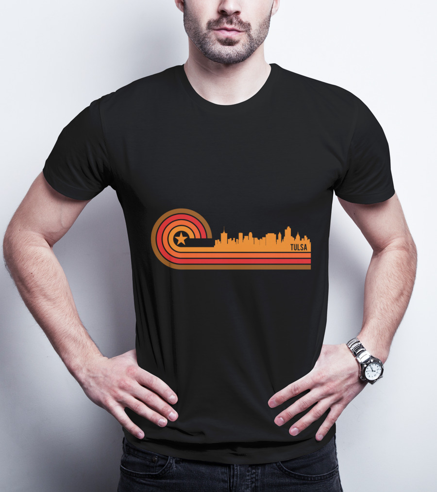 Retro Tulsa OK Skyline With Star And Sunset Stripes T-Shirt