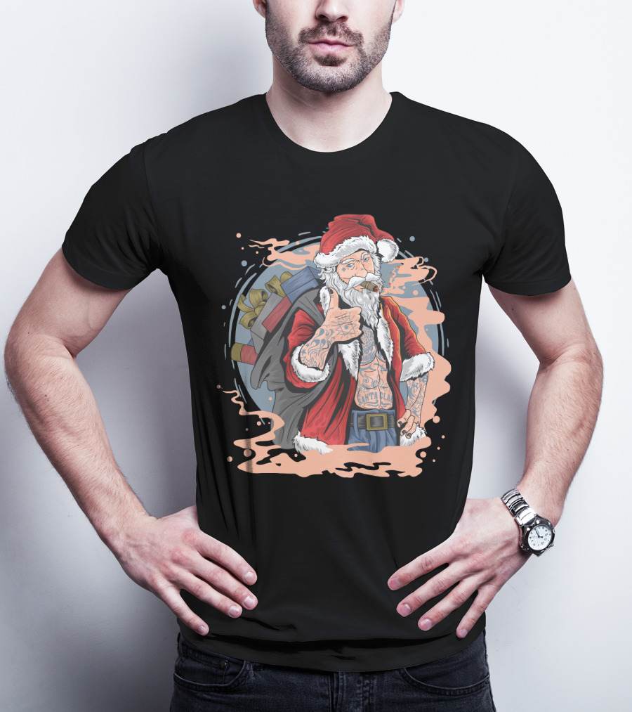 Christmas Santa Claus Smoking Tattooed Holiday Thumbs Up T-Shirt