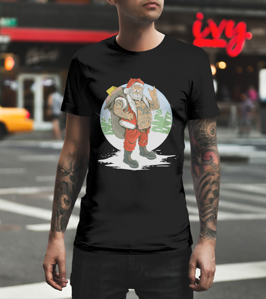 Christmas Santa Claus With Full Body Tattoo And Rock Hand Gesture T-Shirt