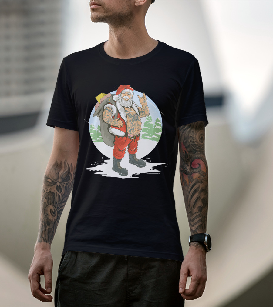 Christmas Santa Claus With Full Body Tattoo And Rock Hand Gesture T-Shirt