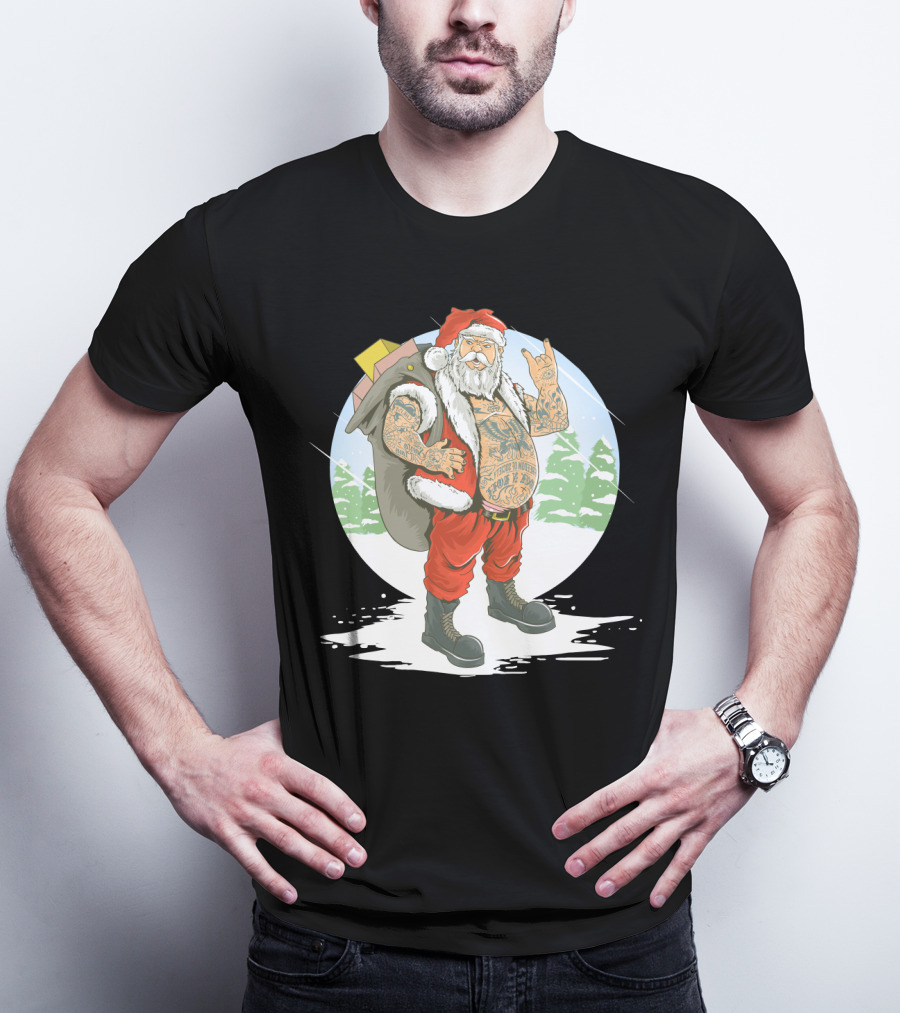 Christmas Santa Claus With Full Body Tattoo And Rock Hand Gesture T-Shirt