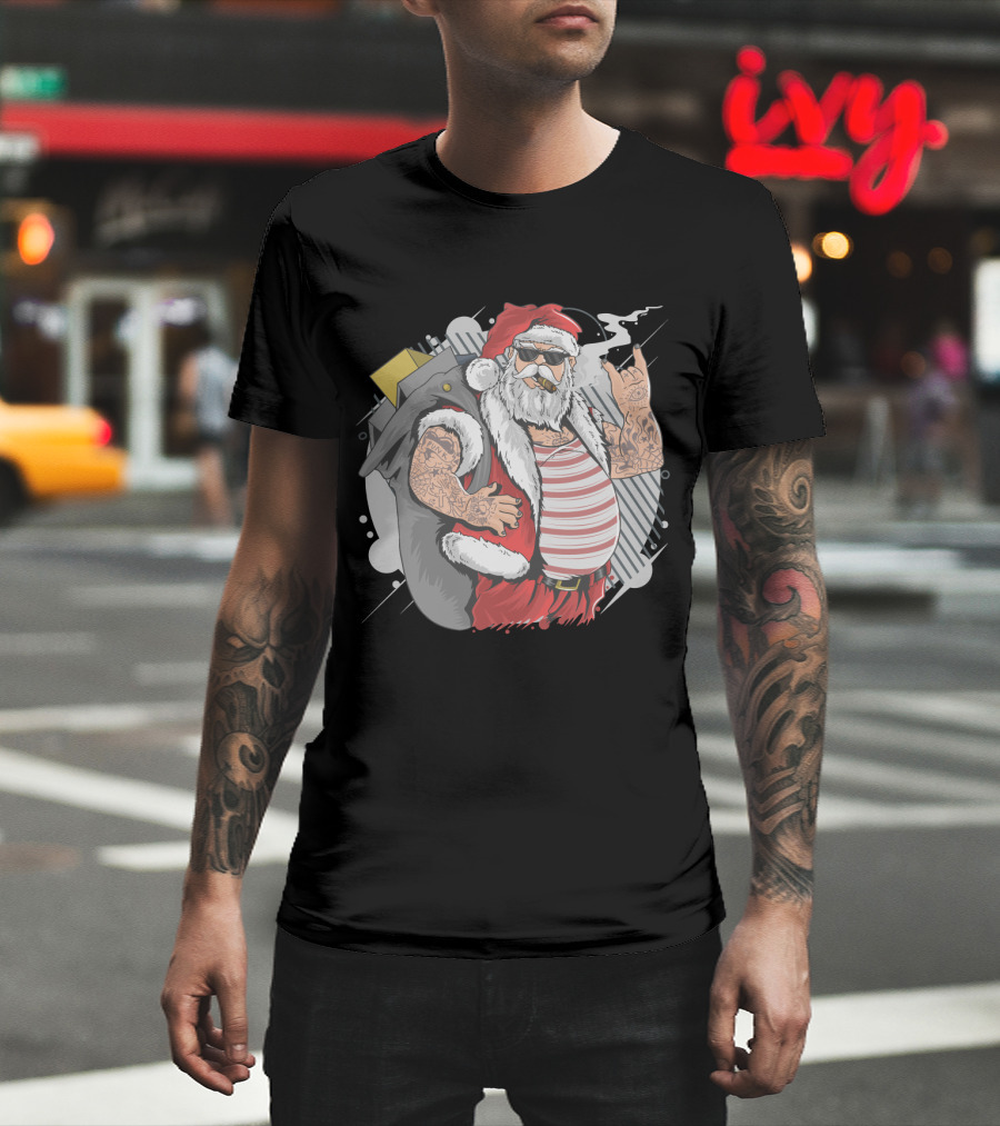 Santa Claus Merry Christmas Tattoo Rock Hand Illustrated T-Shirt