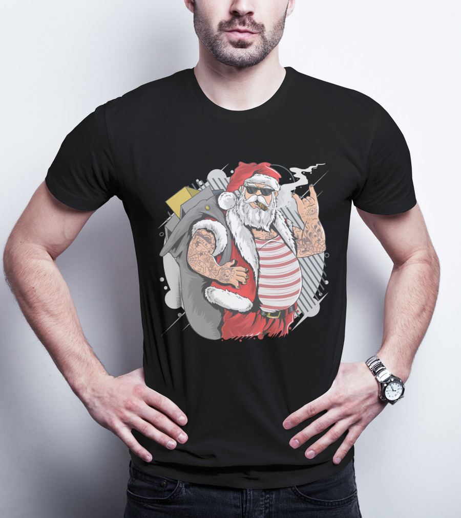 Santa Claus Merry Christmas Tattoo Rock Hand Illustrated T-Shirt