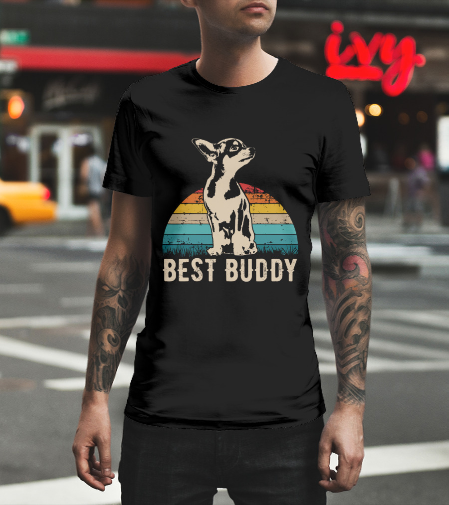 Retro Best Buddy Chihuahua With Vintage Sunset Stripes T-Shirt