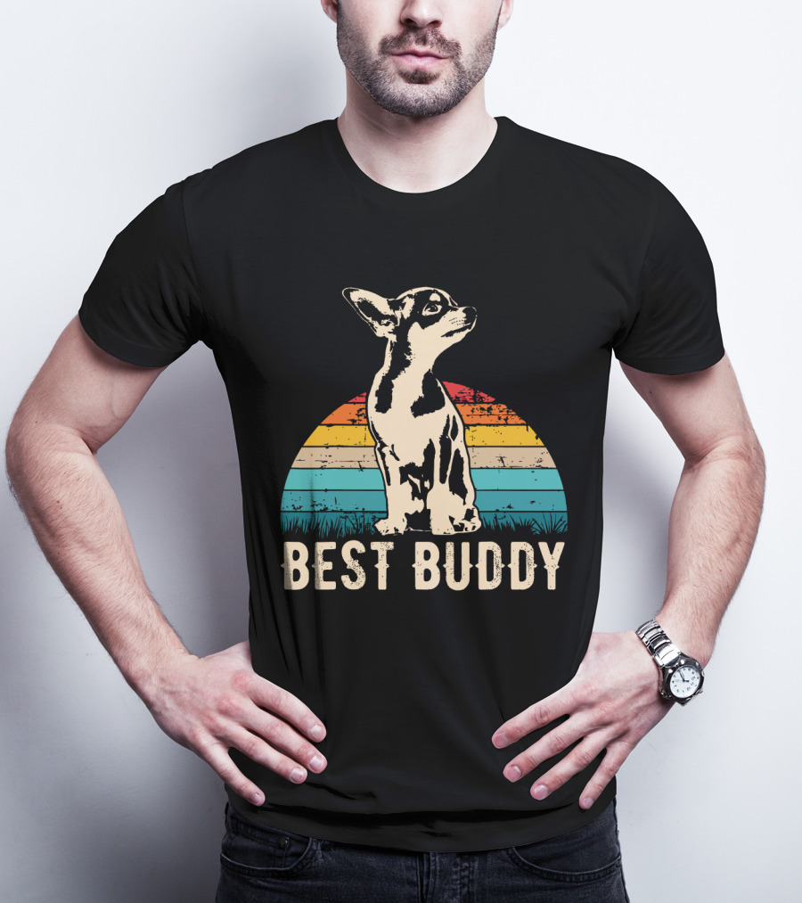 Retro Best Buddy Chihuahua With Vintage Sunset Stripes T-Shirt