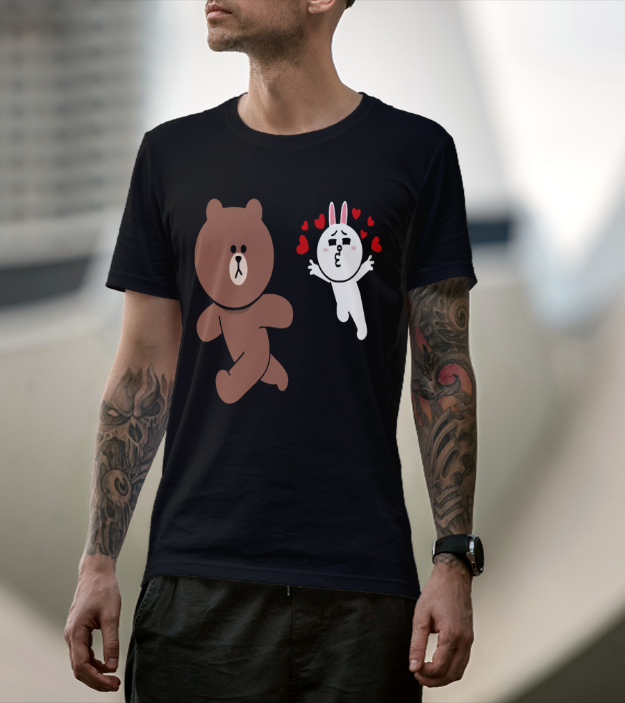 Cute Brown Bear Cony Bunny Rabbit Love Hearts Chase Valentine's Day Run T-Shirt