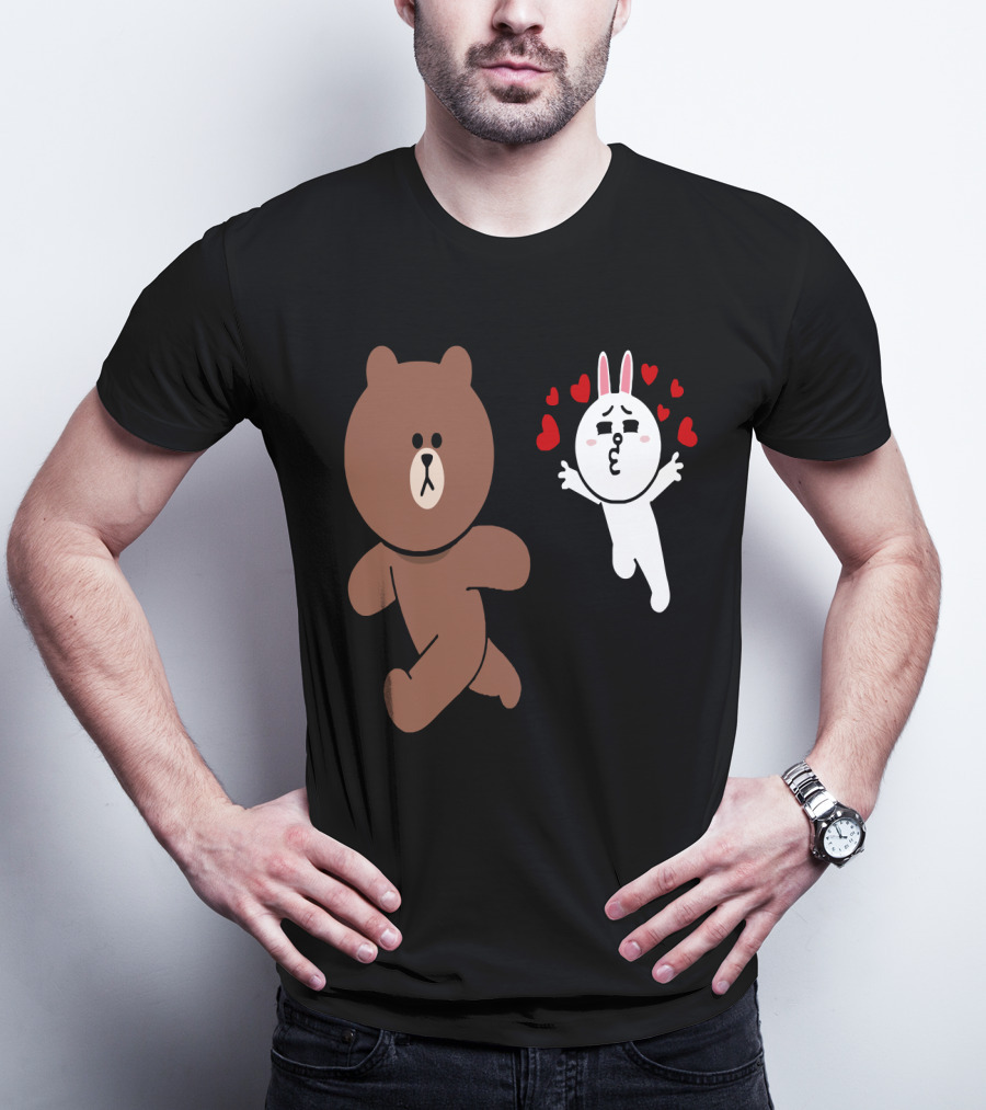 Cute Brown Bear Cony Bunny Rabbit Love Hearts Chase Valentine's Day Run T-Shirt