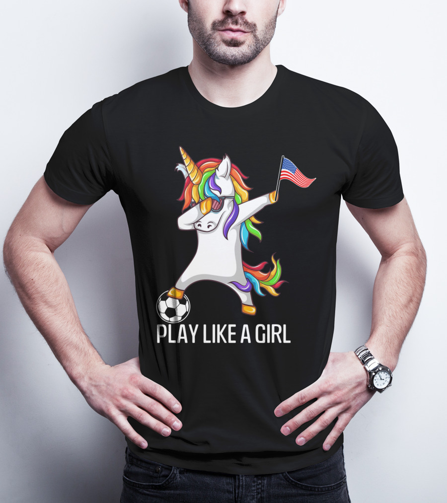 Dabbing Unicorn Play Like A Girl USA Soccer T-Shirt