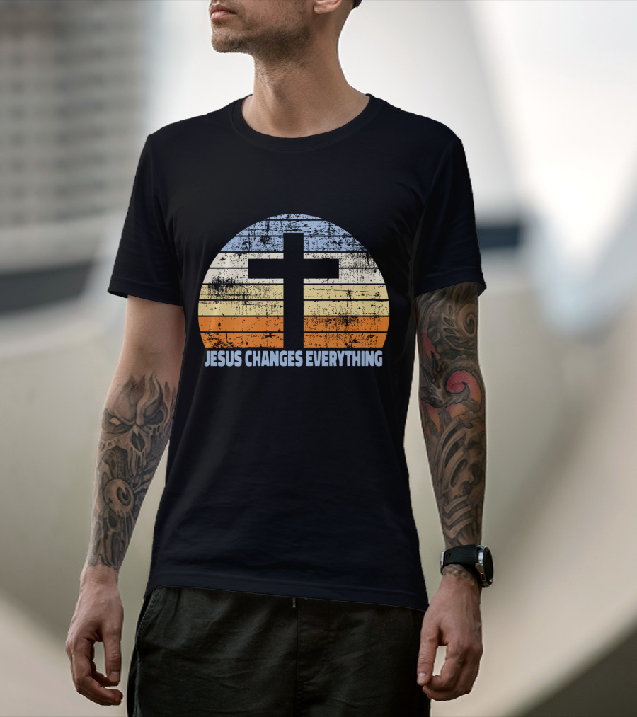 Faith Cross Jesus Changes Everything Vintage Christian Retro Sunset T-Shirt