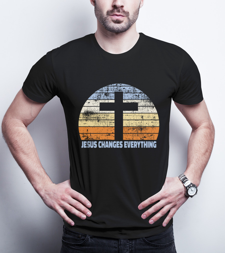 Faith Cross Jesus Changes Everything Vintage Christian Retro Sunset T-Shirt