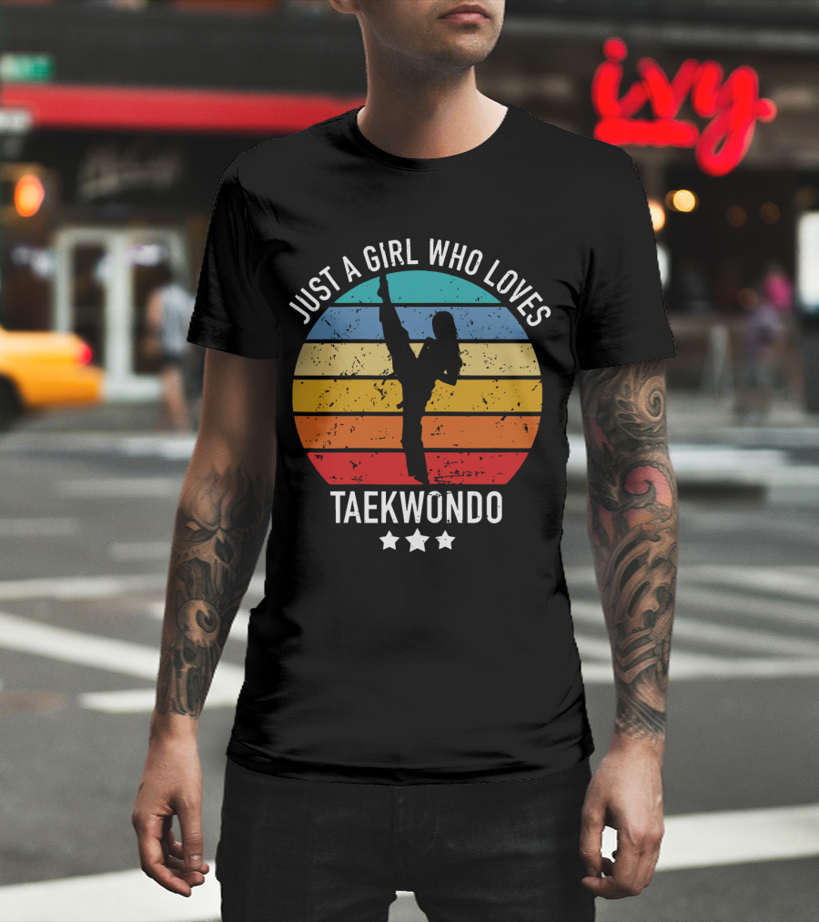Just A Girl Who Loves Taekwondo Vintage Silhouette Rainbow Stripes T-Shirt