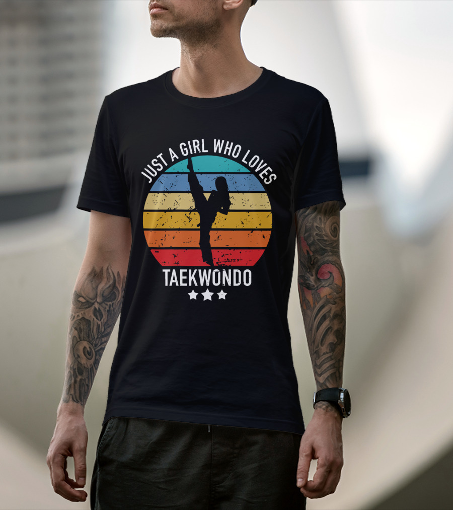 Just A Girl Who Loves Taekwondo Vintage Silhouette Rainbow Stripes T-Shirt