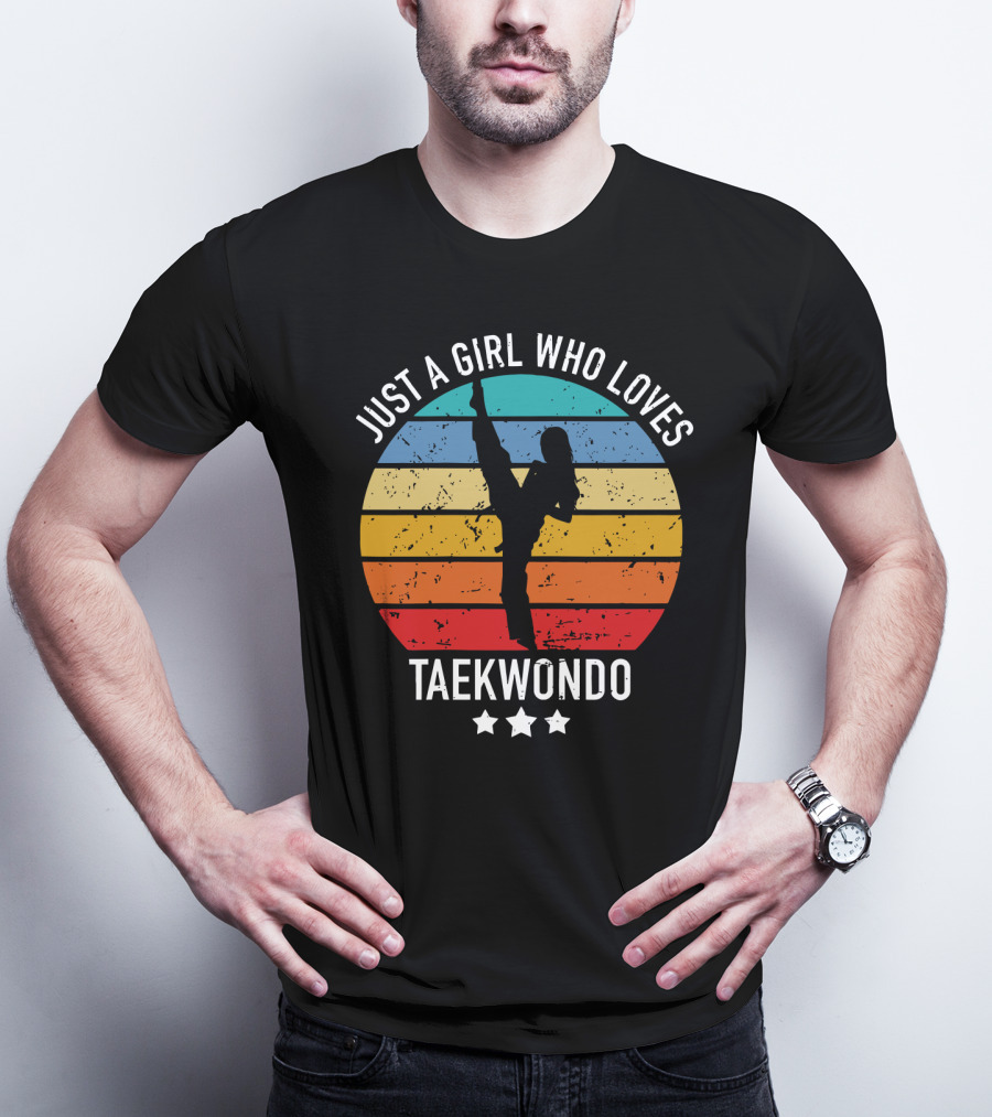 Just A Girl Who Loves Taekwondo Vintage Silhouette Rainbow Stripes T-Shirt