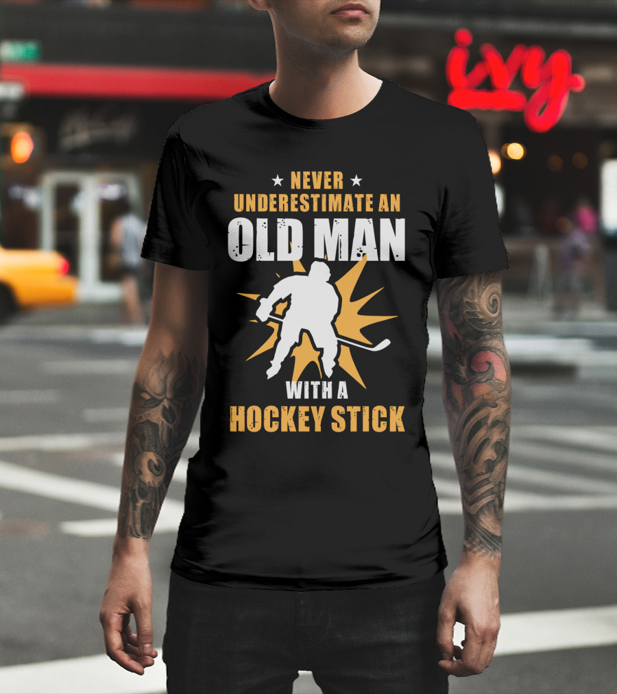 Never Underestimate An Old Man With A Hockey Stick Silhouette Starburst T-Shirt