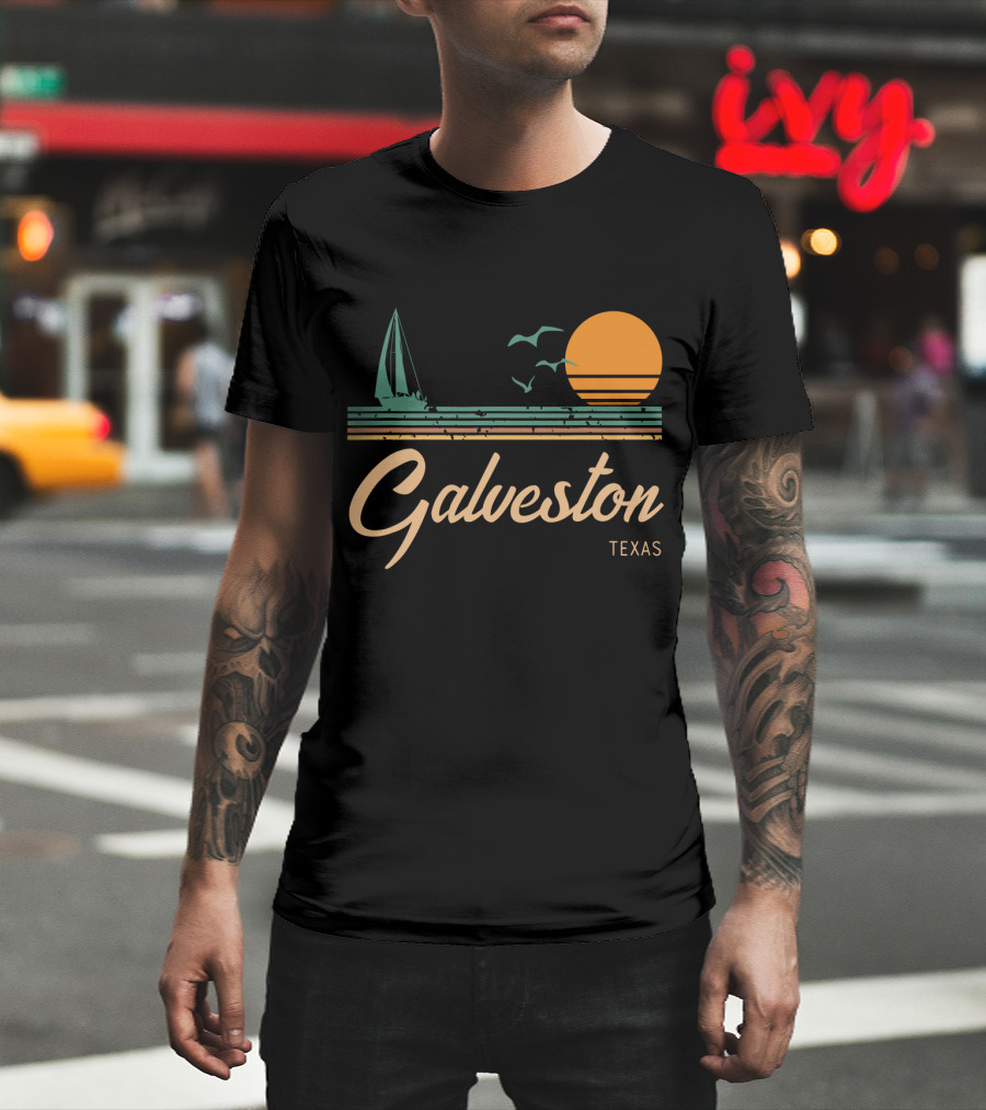 Vintage Galveston Texas Sailboat And Sunset Scene T-Shirt