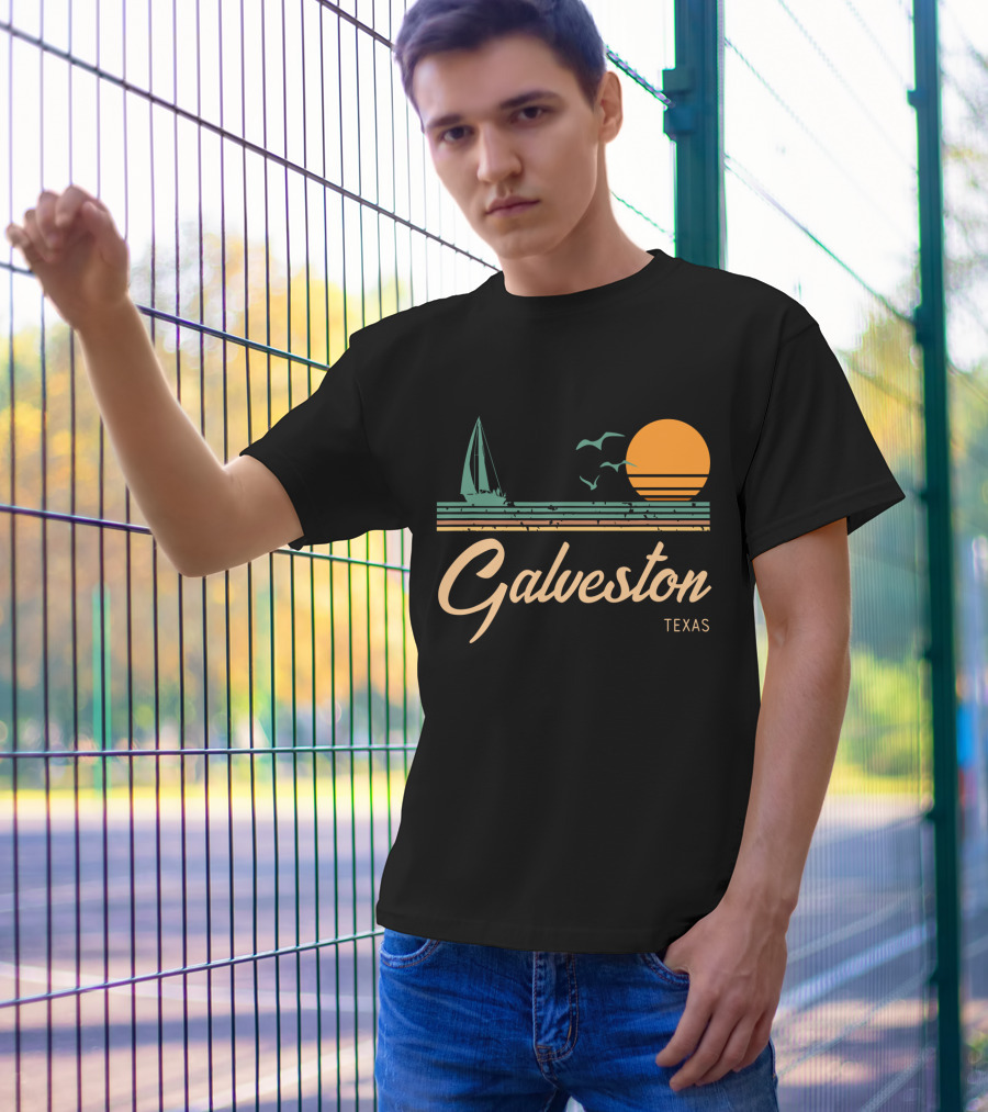 Vintage Galveston Texas Sailboat And Sunset Scene T-Shirt