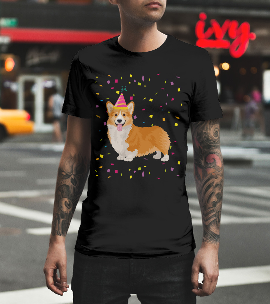 Welsh Corgi Birthday Party With Confetti And Party Hat T-Shirt