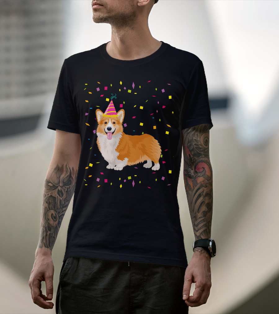 Welsh Corgi Birthday Party With Confetti And Party Hat T-Shirt