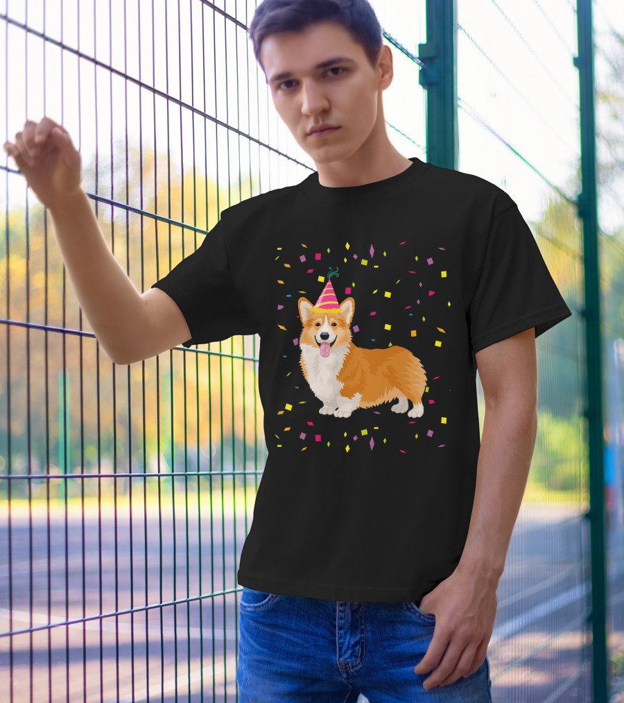 Welsh Corgi Birthday Party With Confetti And Party Hat T-Shirt