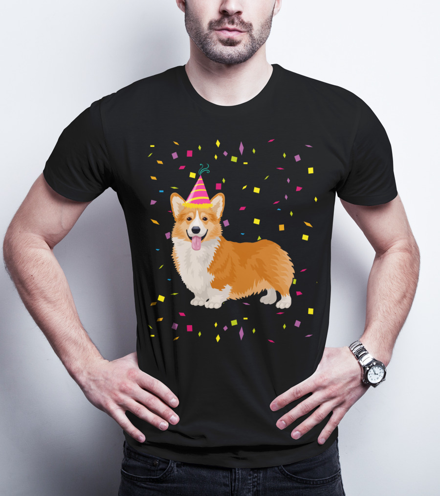 Welsh Corgi Birthday Party With Confetti And Party Hat T-Shirt