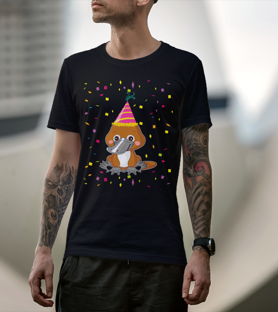Funny Platypus With Party Hat And Confetti Celebration Birthday T-Shirt