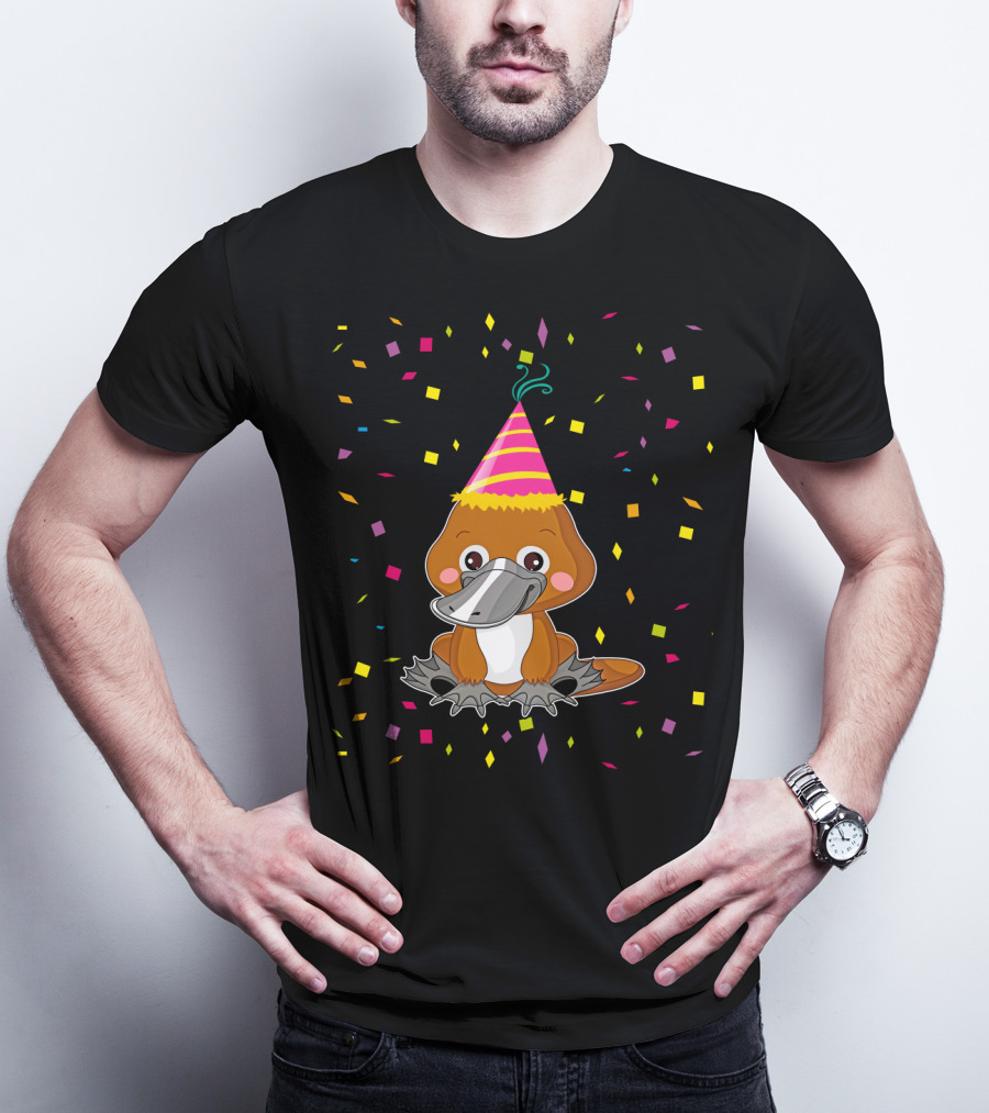 Funny Platypus With Party Hat And Confetti Celebration Birthday T-Shirt