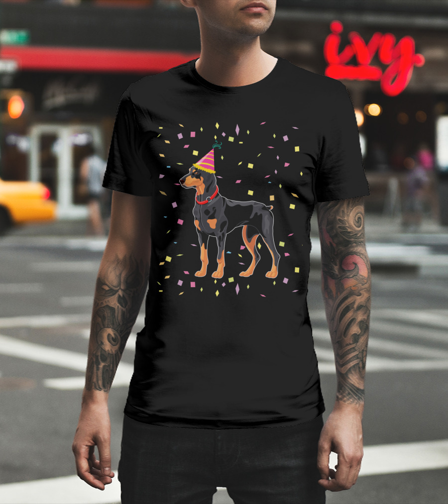 Doberman With Party Hat And Confetti T-Shirt