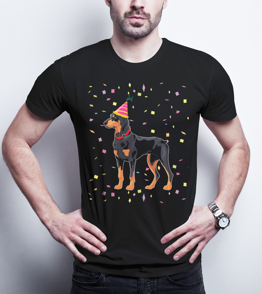 Doberman With Party Hat And Confetti T-Shirt