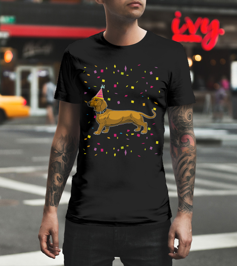 Funny Dachshund Birthday Party With Confetti And Party Hat T-Shirt