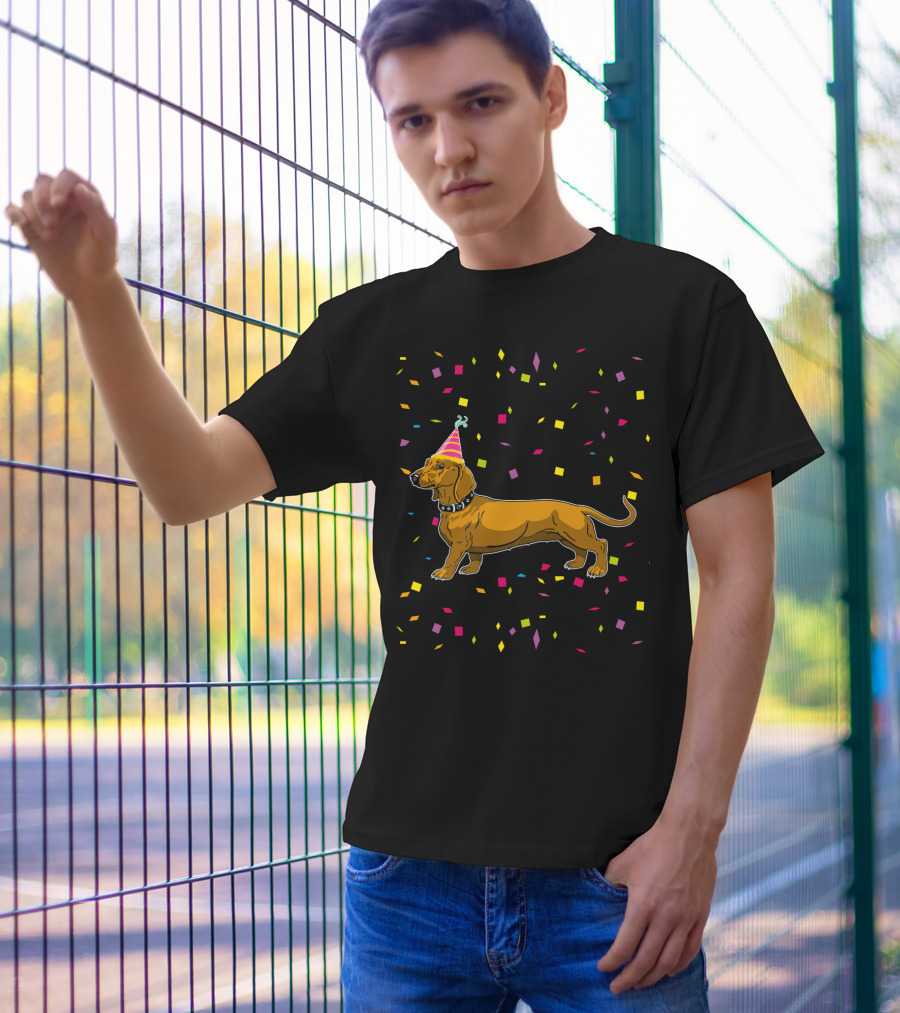 Funny Dachshund Birthday Party With Confetti And Party Hat T-Shirt