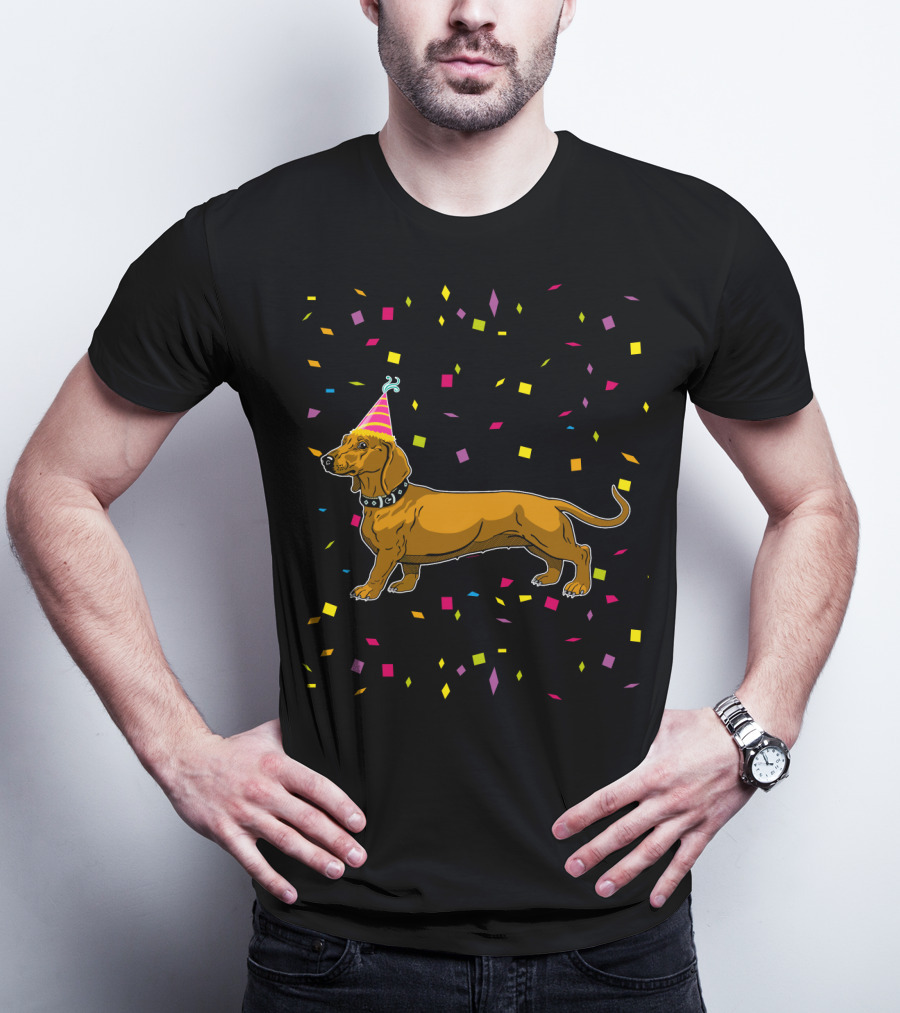 Funny Dachshund Birthday Party With Confetti And Party Hat T-Shirt